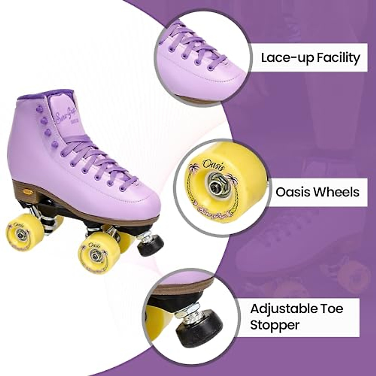 Sure-Grip Oasis Outdoor Roller Skates for Men & Women | High Rebound Soft 57mm 82A Urethane Wheels & ABEC 3 Bearings | Nylon Sole with Strong Trucks - Lace Up Facility - Made in USA (Lavender Color)