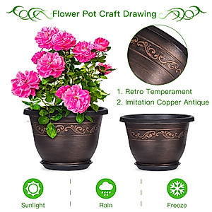Plastic-Plant-Flower-Planters-14 Inch with Drainage Hole & Saucer, 3 Packs Lightweight Large Resin Flower Pot Indoor Outdoor, Retro Antique Imitation Decorative Garden Containers Sets for Houseplants