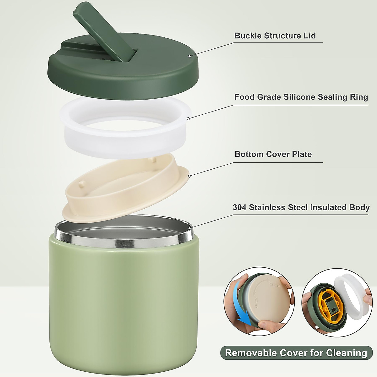 LOHASOK 17oz Soup Thermo for Hot Food Insulated Vacuum Food Jar with Buckle Lid, Stainless Steel Wide Mouth Leak Proof Lunch Container for School Travel Green, FOOD JAR-GREEN-17 OZ