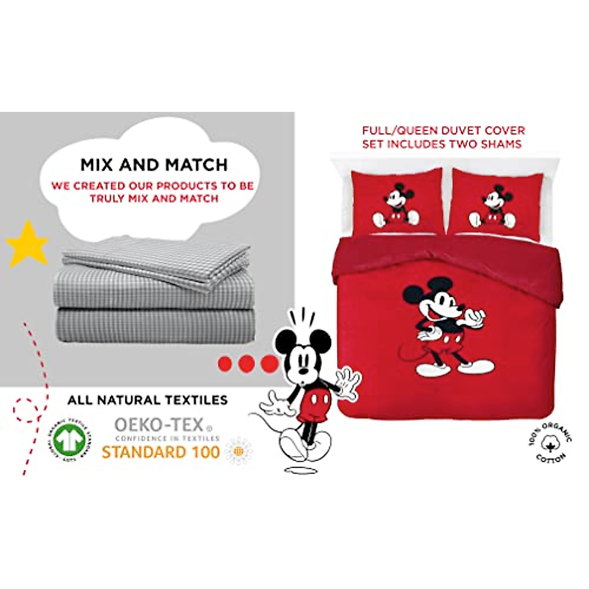 Saturday Park Disney Mickey Mouse Face Emotions Full/Queen Duvet Cover & Sham Set - 3 Piece 100% Organic Cotton Duvet Set - GOTS & Oeko-TEX Certified (Disney Official)
