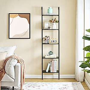 Tajsoon Industrial Bookcase, Ladder Shelf, 5-Tier Wood Wall Mounted Bookshelf with Stable Metal Frame, Open Display Rack for Bedroom, Home Office, Black