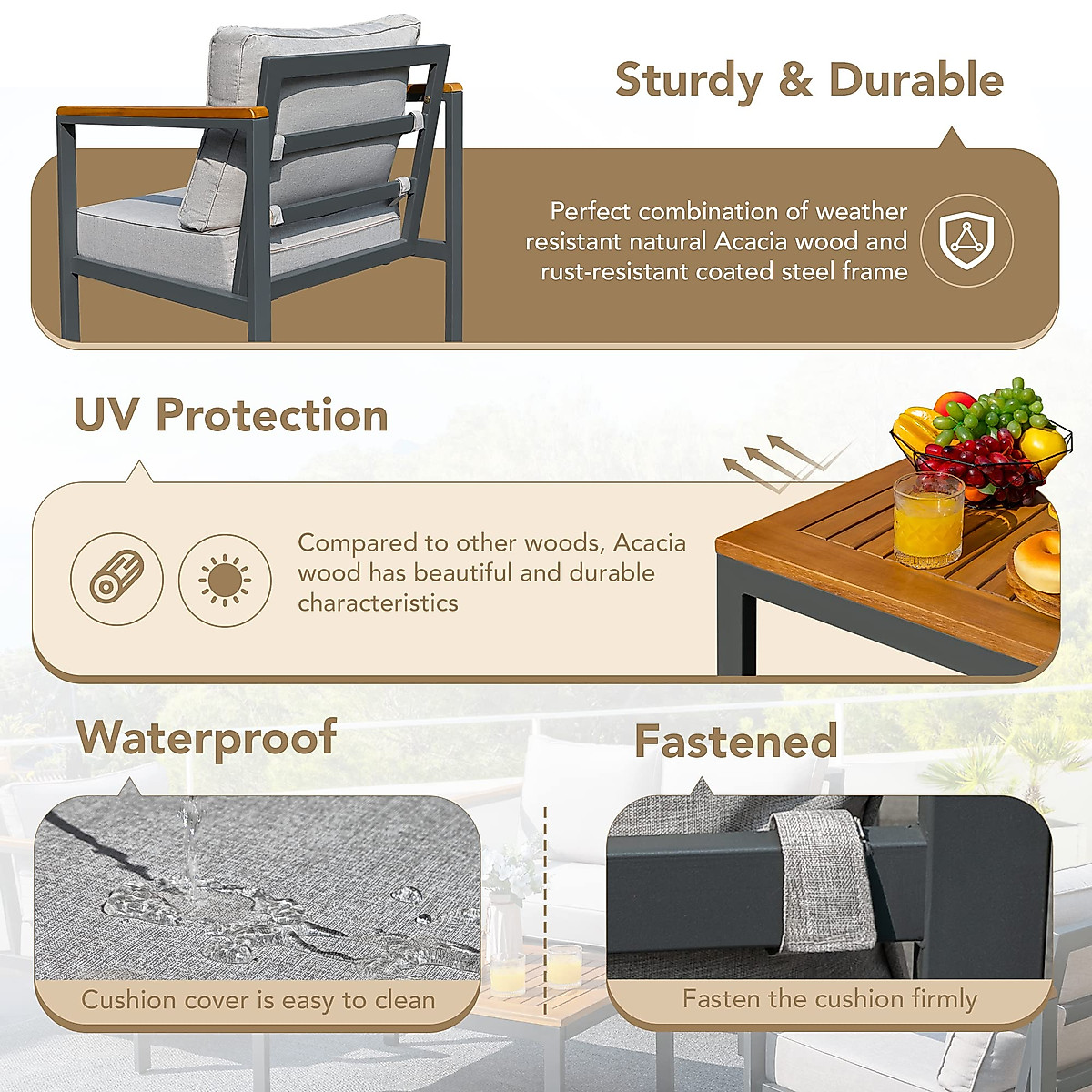 Devoko 4 Pieces Patio Furniture Sets Outdoor Conversation Set Acacia Wood Sofa Set with Coffee Table Thicker Sponge Cushion