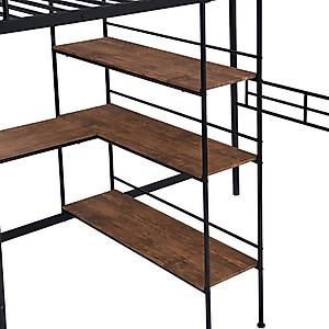 P PURLOVE Twin Size Metal Loft Bed with Desk for Kids,Girls,Boys,Twin High Loft Bed with Storage Shelves and Built in Ladder for Living Room,No Box Spring Needed,Black