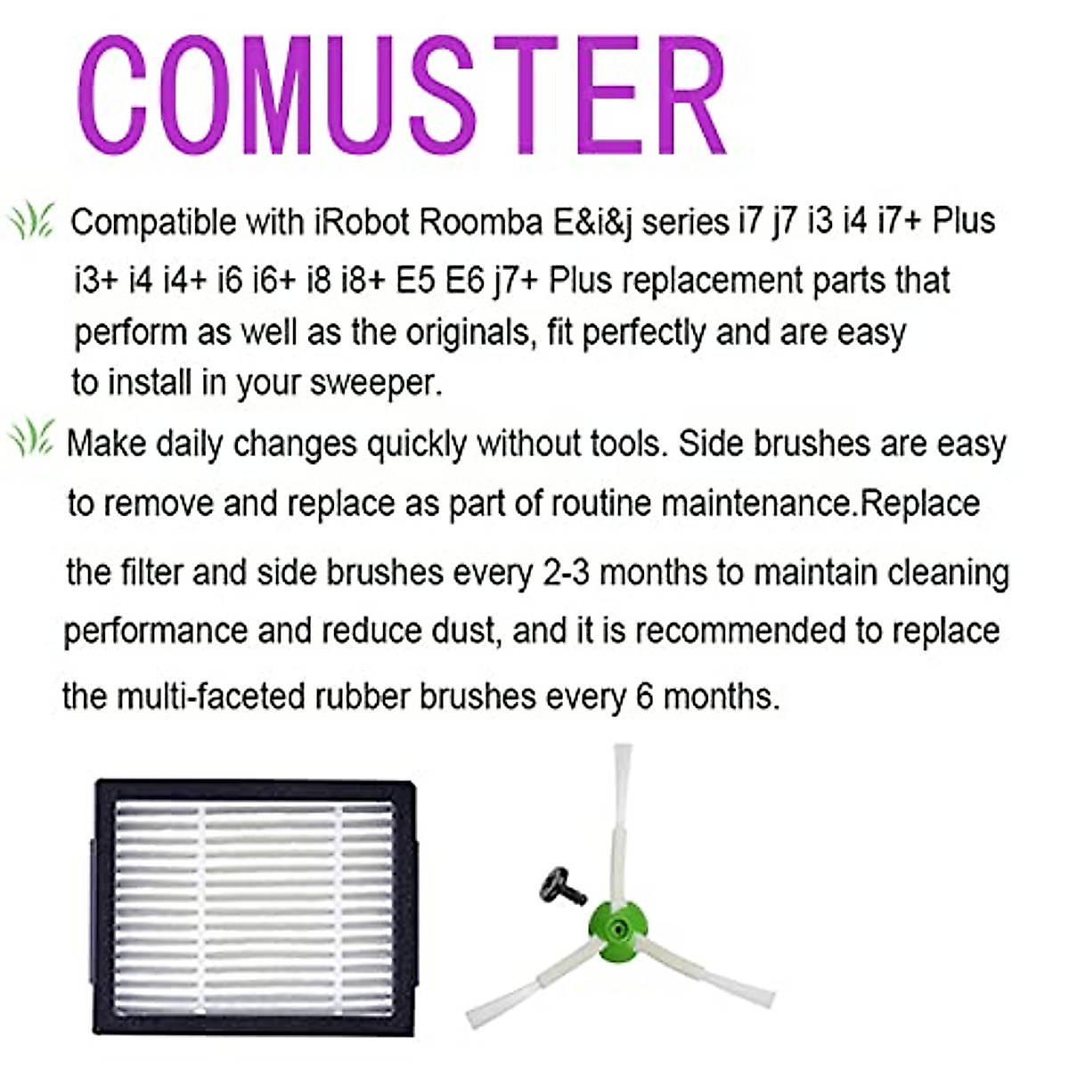 COMUSTER Replacement Parts Compatible for iRobot Roomba E&i&j Series i7 j7 i3 i4 i7+ Plus i3+ i4+ i6 i6+ i8 i8+ E5 E6 j7+ Plus,4Multi-Surface Rubber Brush,6High-Efficiency Filter,6Edge-Sweeping Brush