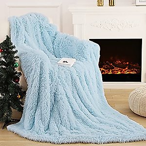 Wellber Super Soft Shaggy Longfur Faux Fur Blanket, Solid Reversible Lightweight Fuzzy Throw Blanket, Washable Warm Furry Throw Blanket for Couch Sofa Chair Home Decor, 50"x60" Ice Blue