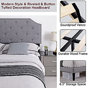 QZhommer Full Size Bed Frame, Modern Upholstered Platform Bed with Adjustable Button Tufted & Riveted Headboard with Wood Slat Support, Easy Assembly, No Box Spring Needed(Grey)