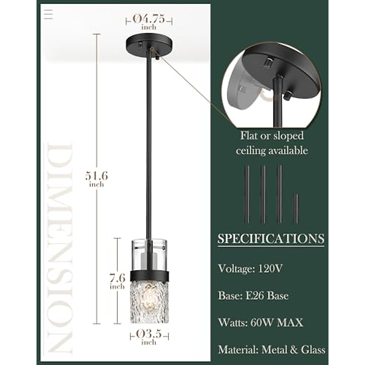 LMS Black Pendant Lights, Modern Industrial Pendant Lighting for Kitchen Island with Hammered Glass, LMS-172