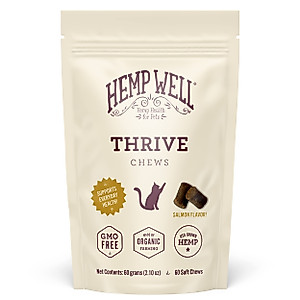 Hemp Well Thrive Cat Soft Chews - 60 Count, Everyday Supplement for Overall Health, Supports Hip, Joint, Heart Health, Organically Sourced, Omega 3 for Cats, Natural Cat Treats & Supplements