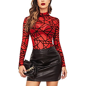 Avidlove Bodysuits for Going Out Women Halloween Tops Lace Mesh Geo Print Shirt Party Night Outfits Red