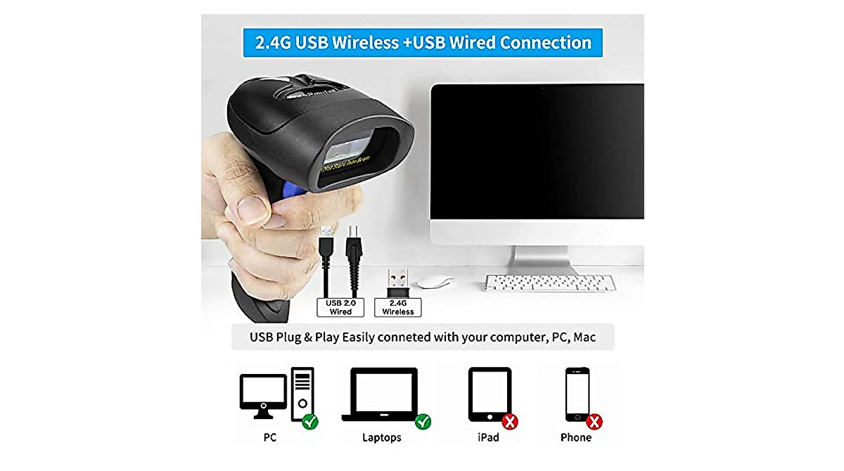 NetumScan Wireless 1D 2D Barcode Scanner w/ Stand | Screen Scan