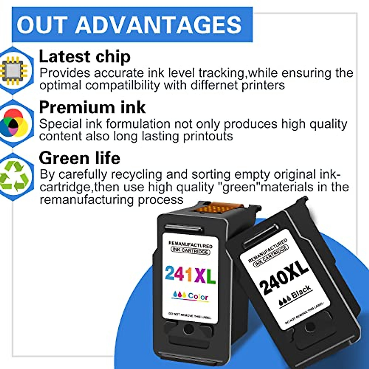 JONITY Remanufactured Ink Cartridges 240XL 241XL for Canon PG 240 CL 241 XL Black Color Combo Pack for Pixma MG3620 MG3600 TS5120 TS5100 MG3520 MG2120 MX452 MX472 MX512 Printer (1 Black, 1 Tri-Color)