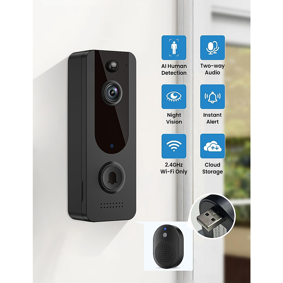Aiwit Video Doorbell, Wireless Home Surveillance Camera Included Chime Ringer, AI Human Detection, Cloud Storage, 2-Way Audio, Night Vision, Battery Powered, Live View, Indoor/Outdoor Surveillance