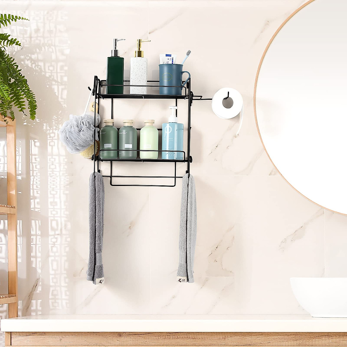 Vrisa Over Toilet Bathroom Organizer, 2-Tier Bathroom Storage Shelf Multifunctional Toilet Rack for Bathroom Decor No Drilling Over Toilet and Wall Mounted Design Space Saver, Black