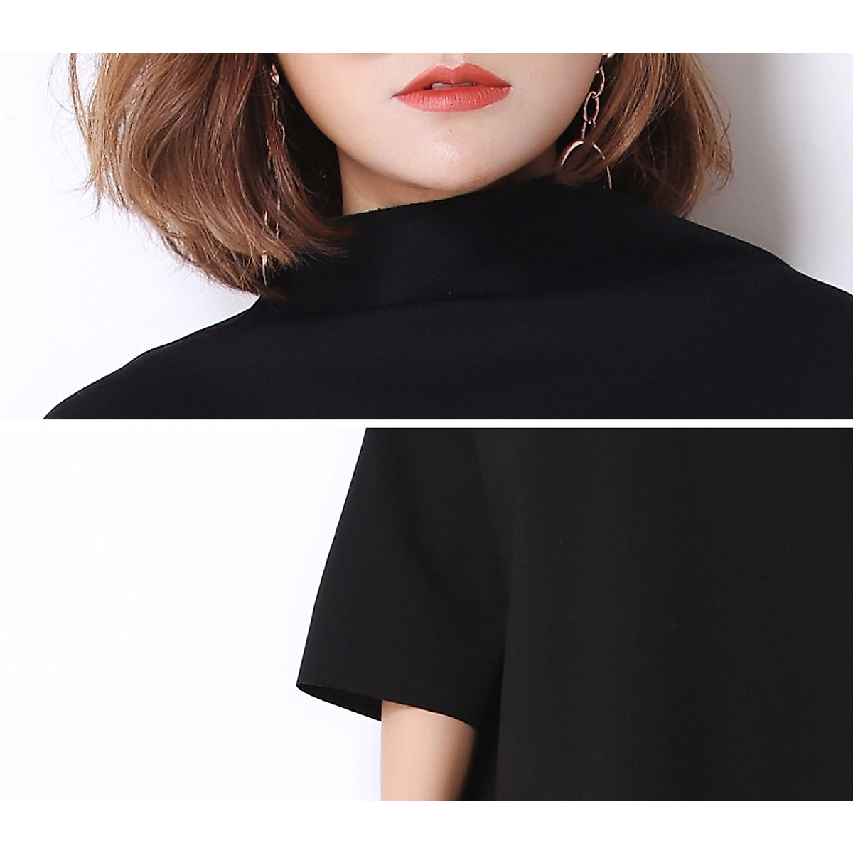 LAI MENG FIVE CATS Women's Casual 3/4 Sleeve Turtleneck Oversized Loose Sweatshirt Pullover Top ONE Size Black