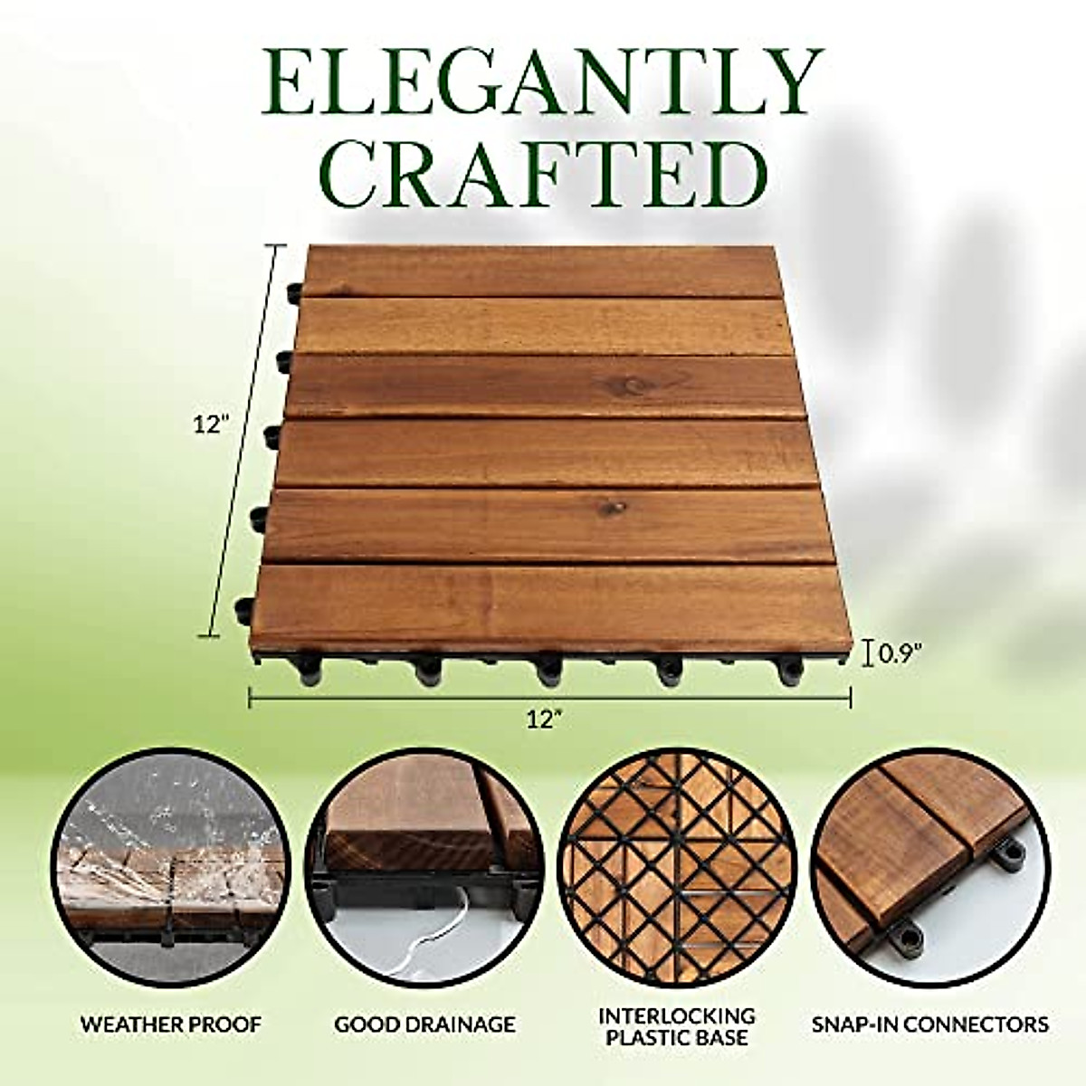 Acacia Wood Interlocking Deck Tiles for Outdoor/Indoor - (Pack of 10) 12"x12" All Weather Balcony Flooring - Snap Click Together Patio Tiles - Portable Waterproof Dance Floor Covering, Outside Walkway