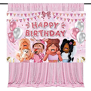 AICHENGZI Girl Game Party Birthday Banner,Sandbox Game Party Supplies Decorations Pink Girl Robot Blocks Backdrop (6FTx4FT)