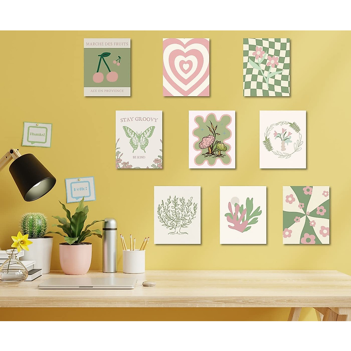 MINI ZOZI Danish Pastel Posters 8x10 9pcs Aesthetic Room Decor Green And Pink Wall Art Prints Collage Cute Coquette Trendy Preppy Coconut Girl Y2k Kawaii Indie Retro Pictures Butterfly Heart Cherry