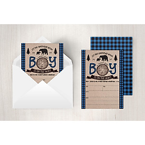 Your Main Event Prints Blue Lumberjack Baby Shower Invitations, Boy Baby Shower Invitations, Mama Bear Baby Shower Invites, Woodland Baby Shower Invitations, 20 Fill in Invitations and Envelopes
