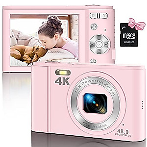 Digital Camera, 4K 48MP Vlogging Camera Compact Pocket Camera with 16X Zoom 32GB SD Card, Point and Shoot Camera for Adult Seniors Students Kids Beginner(Pink)