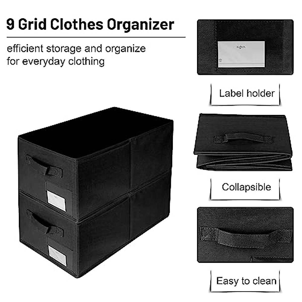 Augfox Set of 3 Tshirt Organizer - 9 Grid Large Size Drawer Organizer Clothes, Versatile Clothes Organizer for Jeans, Pants, Tshirts and More (Black, 17.7" L x 9.8" W x 7.1" H)