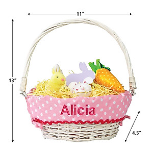 Lillian Vernon Kids Personalized Wicker Easter Basket - Removable Pink Liner With Embroidered Name, For Young Girls & Boys, Baby’s First Egg Hunt, Cute Custom Spring Gifts, 11” x 14”