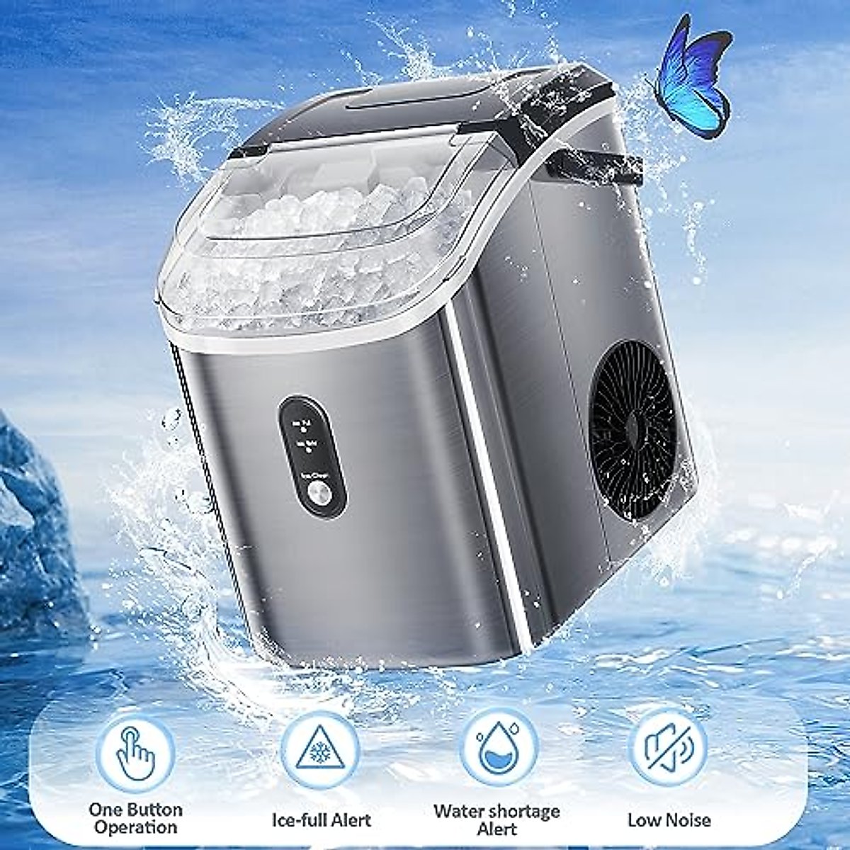 Nugget Countertop Ice Maker with Soft Chewable Ice, 34Lbs/24H, Pebble Portable Ice Machine with Ice Scoop, Self-Cleaning, One-Click Operation, for Kitchen,Office Stainless Steel Silver