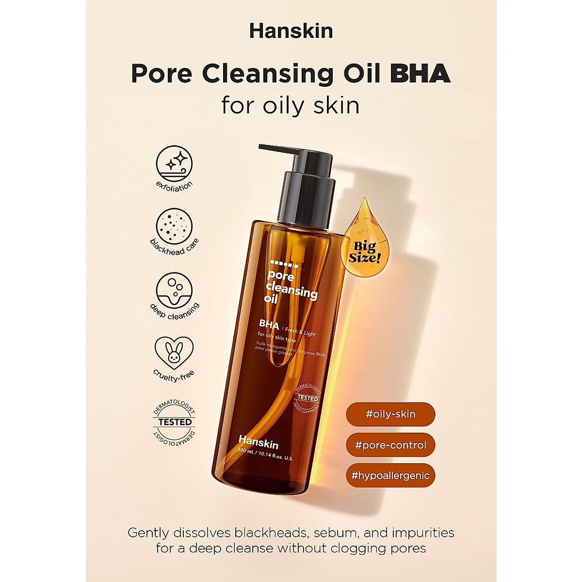 Hanskin BHA Pore Cleansing Oil, Gentle Blackhead Cleanser and Makeup Remover for Combination and Oily Skin, Korean Skincare [BHA/10.14 oz]