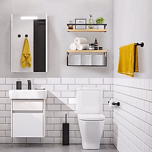 3 Set Bathroom Shelves Wall Mounted Over Toilet,Floating Shelves for Bathroom with Toilet Paper Storage Basket,Solid Wood Bathroom Wall Organizer with Metal Frame for Bathroom, Kitchen, Bedroom