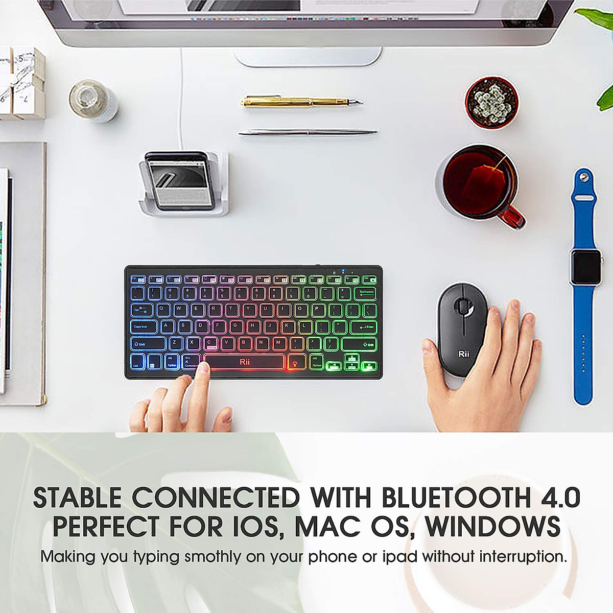 Rii Bluetooth 4.0 Wireless Multiple Color Rainbow LED Backlit Keyboard With Rechargeable Battery For iOS Android and Windows Tablet PC Laptop Notebook MacBook