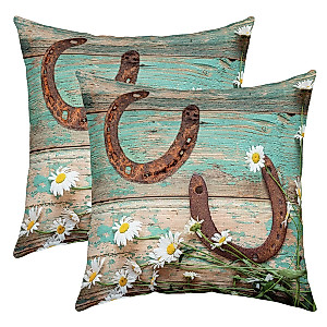 Castle Fairy Horseshoe Reversible Print Pillow Cover 18"x18" for Bed or Sofa,Rustic Vintage Wooden Board Pack of 2 Cushion Cover,White Daisy Flower Single Pack Couch Pillow Cover