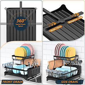 FUNNy elf Dish Drying Rack, 2-Tier Large Dish Racks for Kitchen Counter, Rust-Proof Dish Drainer with Drying Board , Stainless Steel Dish Rack with Removable Utensil Holder