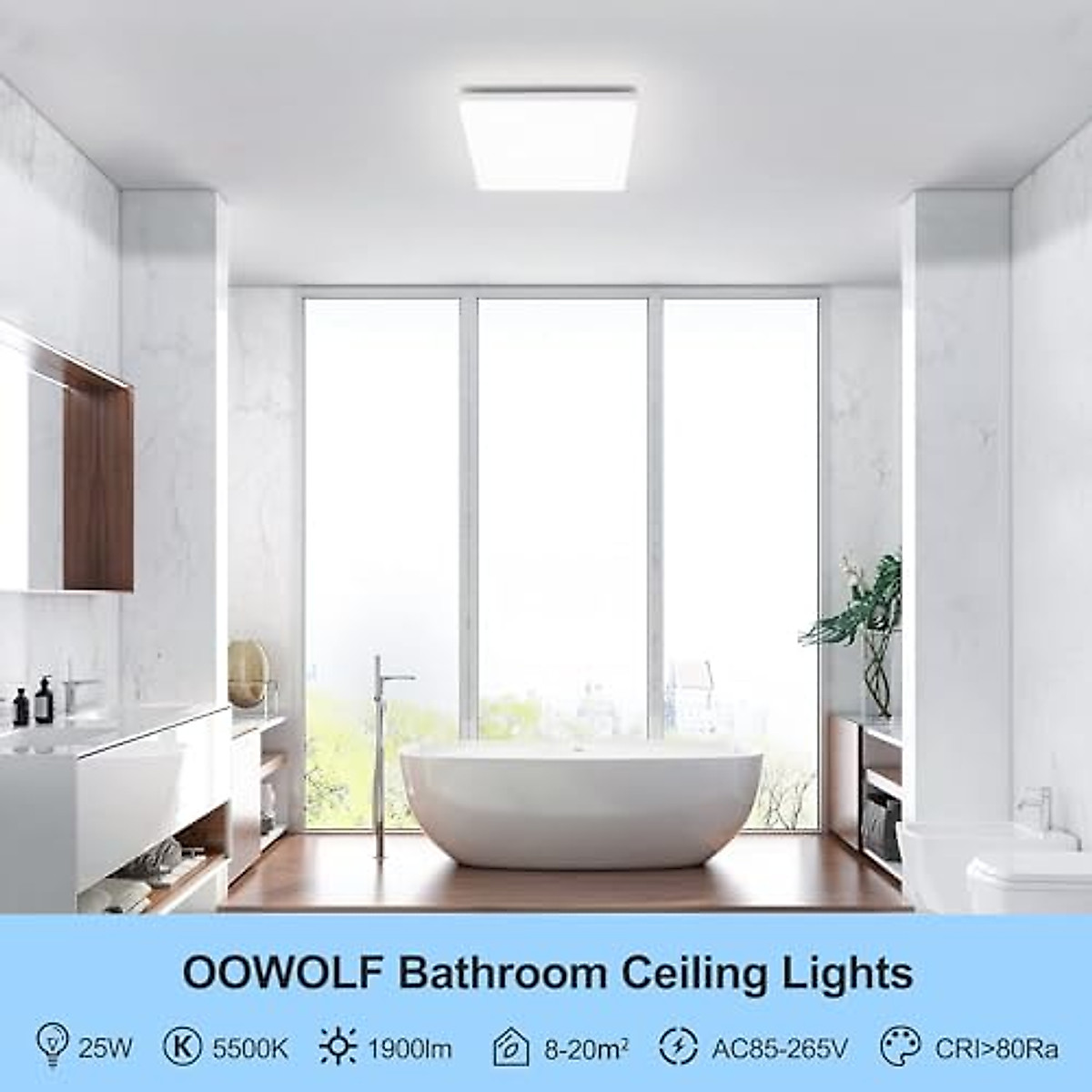 OOWOLF 25W 5000K LED Flush Mount Ceiling Light Fixture Ultra Slim, 12inch Waterproof Bathroom Square LED Ceiling Lamp Fixture Without Flicker, 85Ra+ Daylight White for Kitchen Bedroom Hallway Office