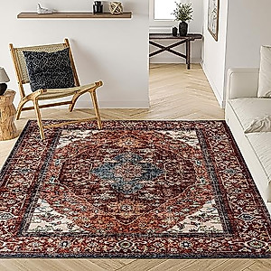 Valenrug Area Rug 5x7 - Stain Resistant Lightweight Washable Rug, Anti-Skid Rugs for Living Room, Vintage Tribal Area Rug(Coffee/Red, 5'x7')