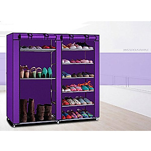 6 Tier Shoe Rack with Dustproof Cover, 30 Pairs Portable Vertical Double Row Shoe Rack Storage Organizer with Nonwoven Fabric Cover Cabinet for Closet & Entryway, Purple