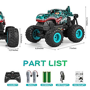 DYODYORC Remote Control Car, 2.4Ghz All Terrain Dinosaur Monster Truck Toys, RC Truck with Music, 3 Lighting Effects, 360 Stunt Capable, All Included Ready to Run, Toy Gifts for Boys and Girls (Cyan)