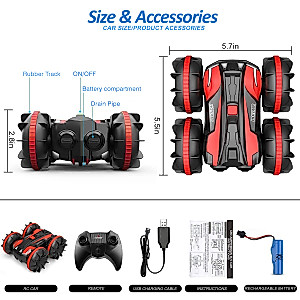FREE TO FLY Remote Control Car Boat Truck- Amphibious RC Car for Kids 4WD Stunt Cars 2.4Ghz Rotating 360°Offroad Terrain RC Vehicle Water Land Toys for 6 7 8 9 10 11 12 Years Old Boys(red)