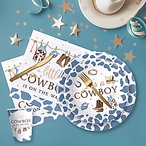Xenorik Western Cowboy Baby Shower Decorations Tableware - Little Cowboy Baby Boy Table Decorations, Plate, Cup, Napkin, Tablecloth, Cutlery, Cowboy Wild West Rodeo Baby Shower Supplies | Serve 24