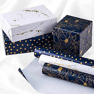 Yarcony Gift Wrapping Paper Roll - 17 Inch X 120 Inch Per Roll Luxury Navy Gold Flower, Polka Dot & White Gold Marble Gift Wrap Paper for Men Birthday, Father's Day, Christmas, Holiday, Graduation