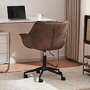 HOOLETE Vintage Faux Leather Desk Chair, Mid Century Modren Office Chair with Wheels, Ergonomic Computer Task Chair, Swivel Upholstered Vanity Chair with Arms for Makeup, Brown