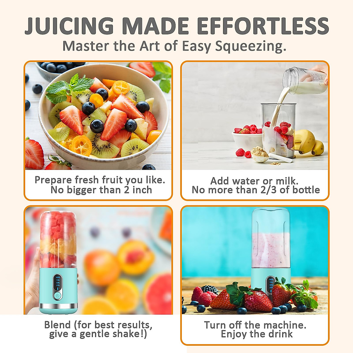 BESNOOW Portable Blender, Personal Blender for Shakes and Smoothies, 4000mAh USB Rechargeable, BPA Free 15.2 Oz 450ML Juicer Cup with 6 Blades and Lid, Portable Juicer for Kitchen/Travel(Light Blue)