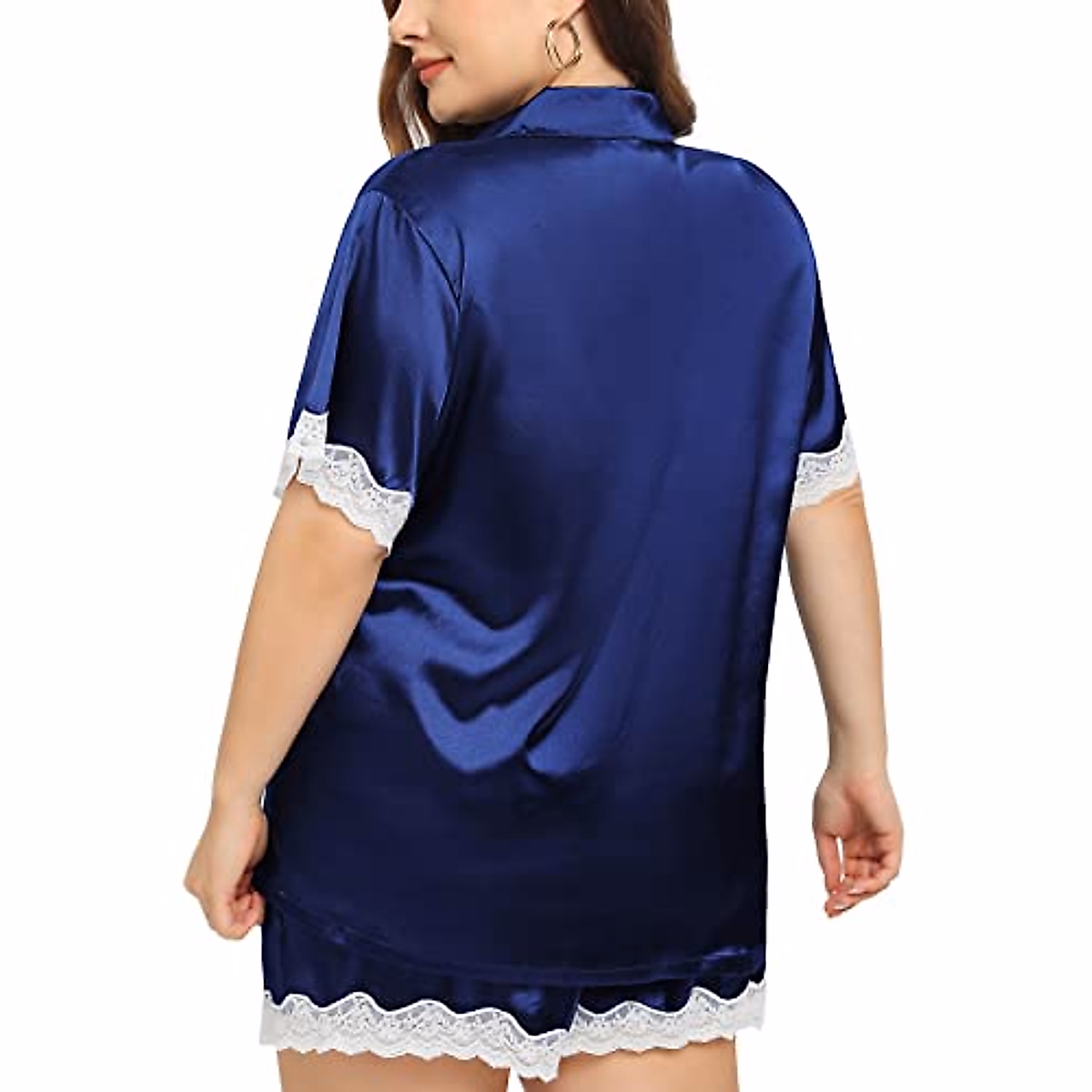 SWOMOG Women Plus Size Pajama Set Silk Satin Lounge Set Short Sleeve 2 Pcs Ladies Pj Sets Button Down Lace Trim Sleepwear with Shorts Navy Blue
