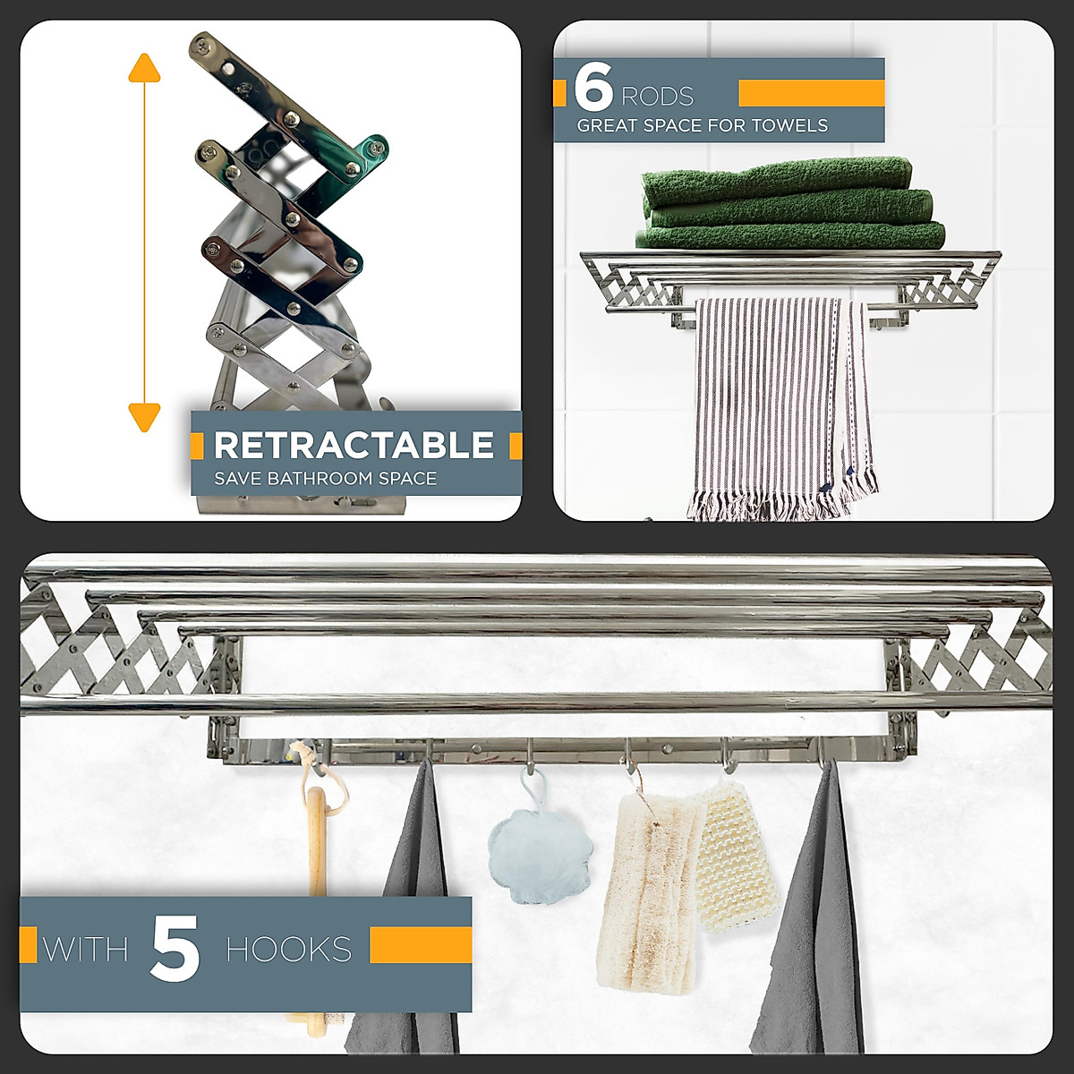 Extendable Towel Rack Wall Mounted for Bathroom or External Use, Stainless Steel with 6 Rods 5 Hooks, Durable, Heavy Duty, Resistance to Corrosion Oxidation Rust | Supports 60Lb