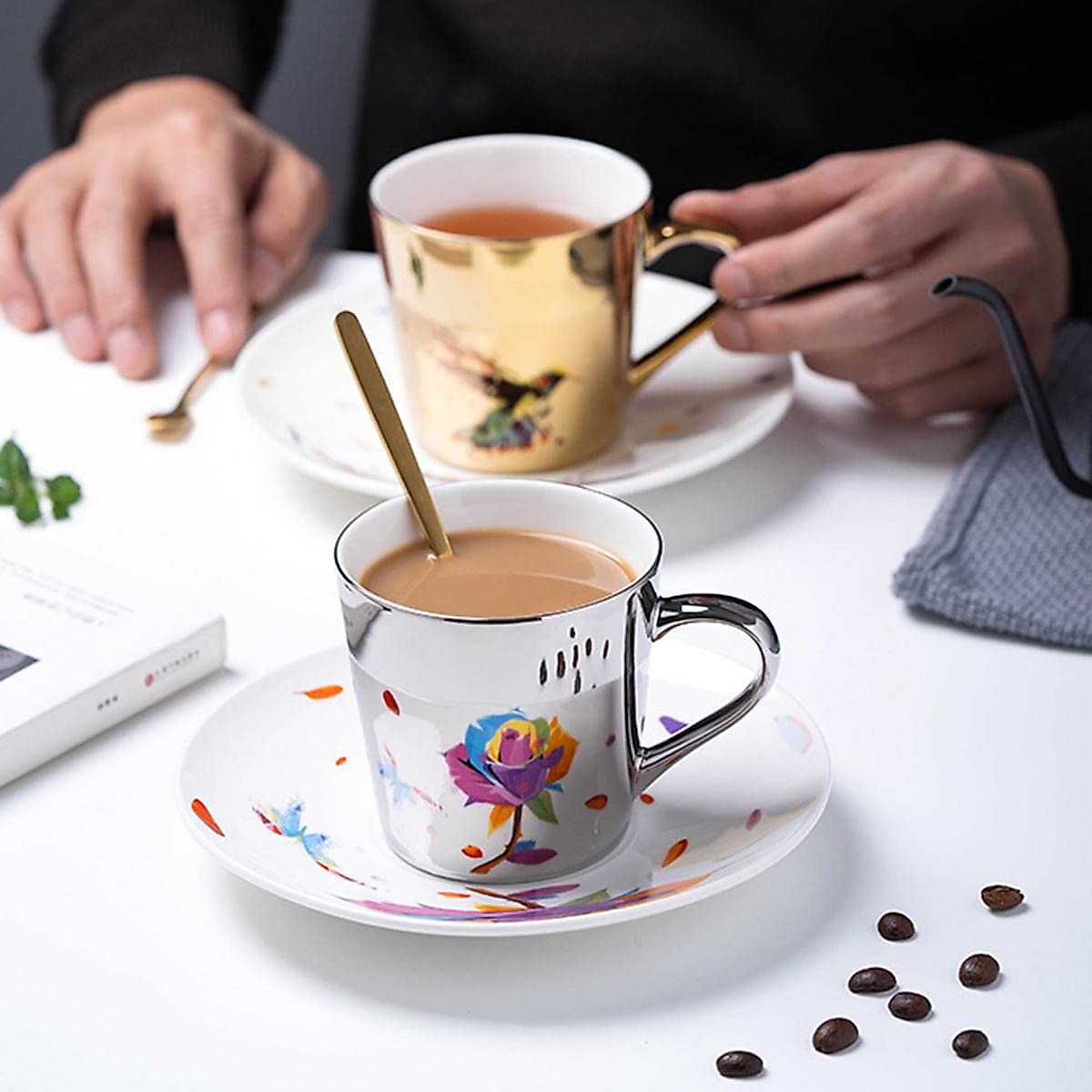 ACGrade Mirror Cup,Mirror Reflection Coffee Mug,Mirror Coffee Cup,Specular Reflection Flower, Ceramic Mug and Saucers Set,with Spoon 250ML, Silver Bird, 17*8CM