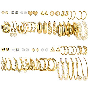 36 Pairs Gold Earrings Set for Women, Fashion Pearl Chain Link Stud Drop Dangle Earrings Multipack Hoop Earring Packs, Hypoallergenic Earrings for Birthday Party Jewelry