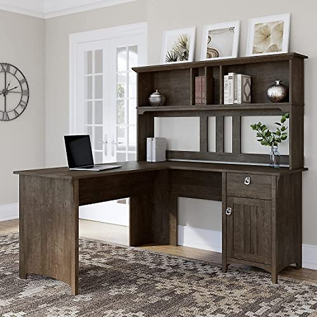 Bush Furniture Salinas L Shaped Desk with Hutch in Ash Brown | Corner Table with Drawers and Storage for Home Office