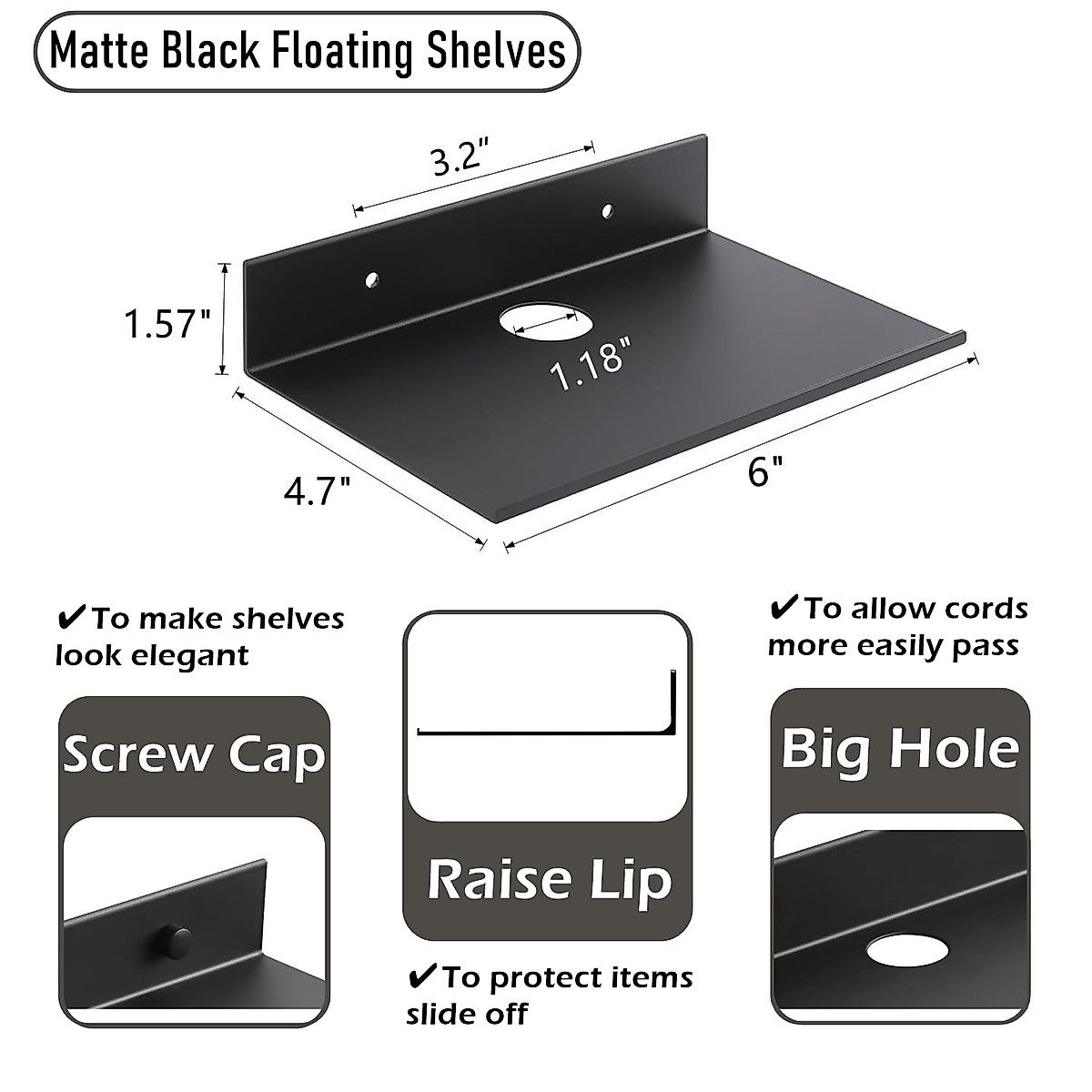 Z metnal Small Floating Shelves, Mini Speaker Shelf, Self Adhesive Small Wall Mount Metal Shelves with Cable Clip, Display Shelf for Cameras Monitor Routers, Matt Black, 6 inch