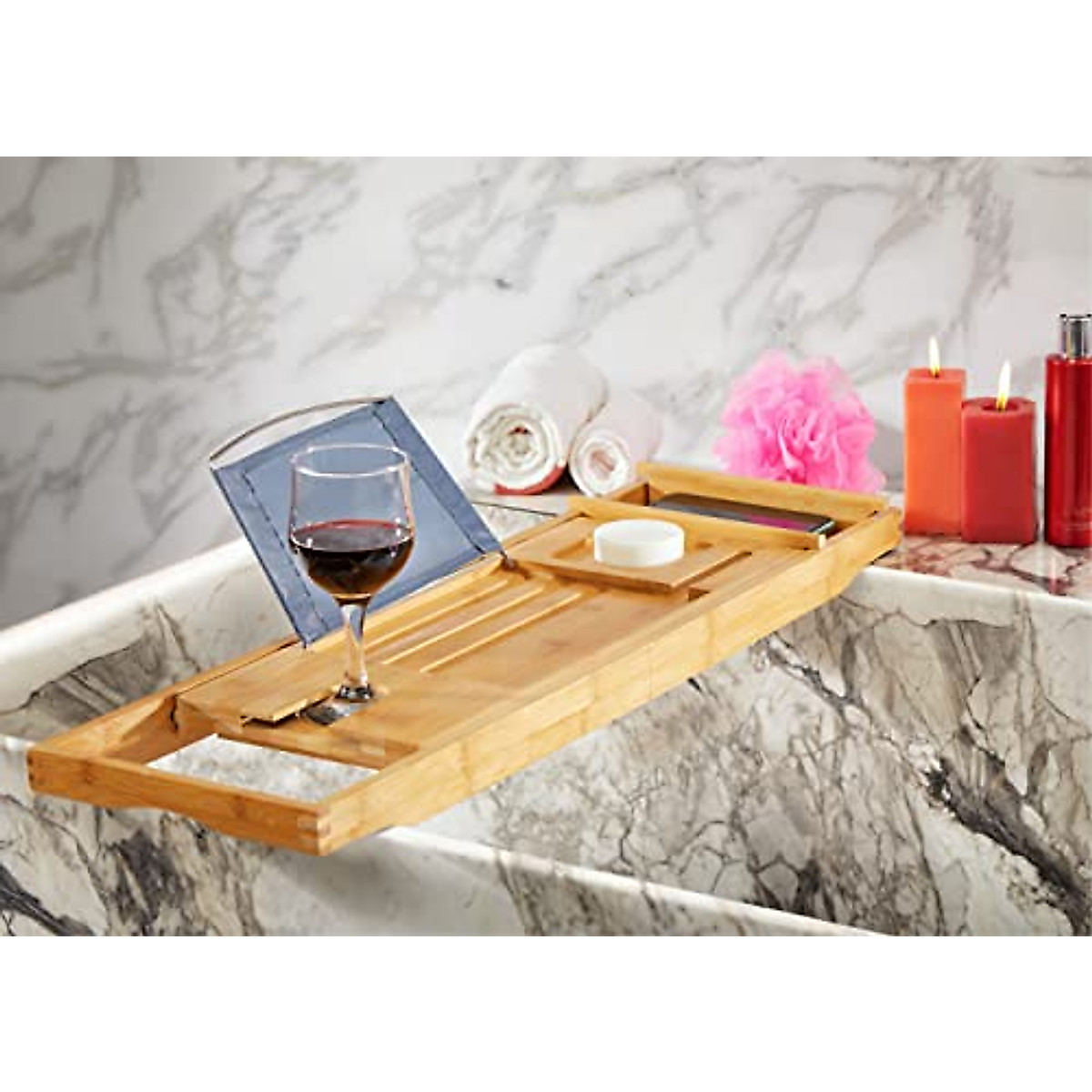 RoyalHouse Bamboo Bathtub Caddy Tray, Expandable Bath Table Over Tub with Glass Book, Adjustable Organizer Tray for Bathroom, Wine and Phone Holder, Ideal Gift for Family & Friends (Pack 2)