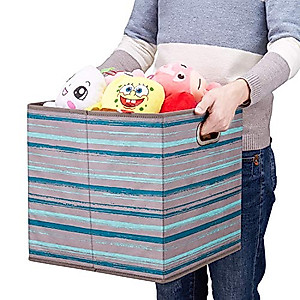 i BKGOO Cloth Storage Bins Set of 4 Thick Fabric Drawers Foldable Cubes Basket Organizer Container with Dual Metal Handles for Shelf Cabinet Bookcase Boxes Gray-Blue stripes 13x13x13 inch