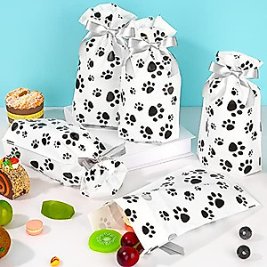 YIDAKO 50 Pieces Paw Print Goodie Bags, Plastic Dog Gift Bags With Drawstring, Treat Candy Bags For Dog Cat Theme Party Favors and Boys Girls Birthday Party Supplies Decorations, 9× 6 Inch