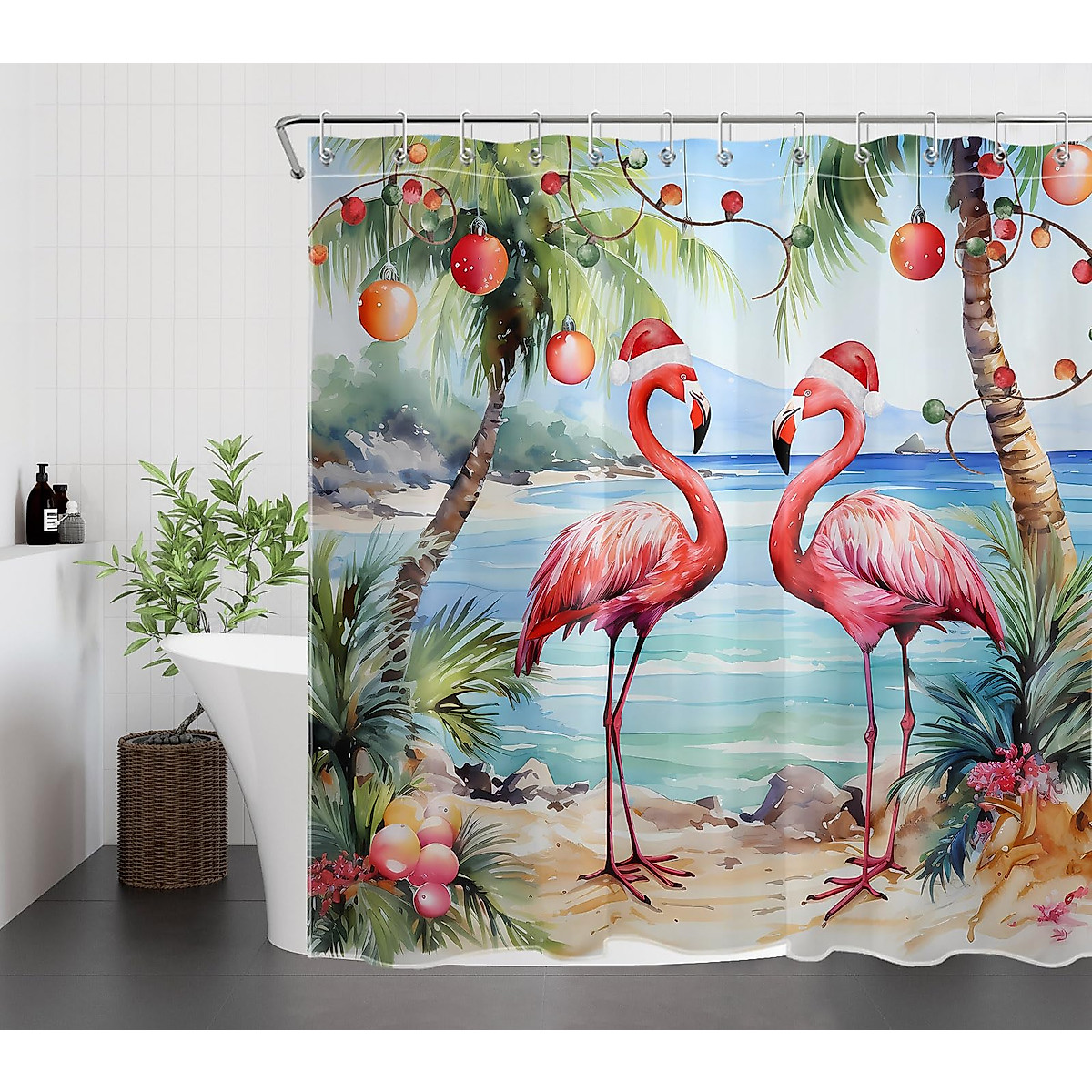 LB Christmas Flamingo Shower Curtain Pink Flamingo with Palm Tree and Christmas Balls Bathroom Shower Curtain Xmas Beach Theme Bathroom Decor with Hooks 72Lx72W Inch Polyester Bath Curtain